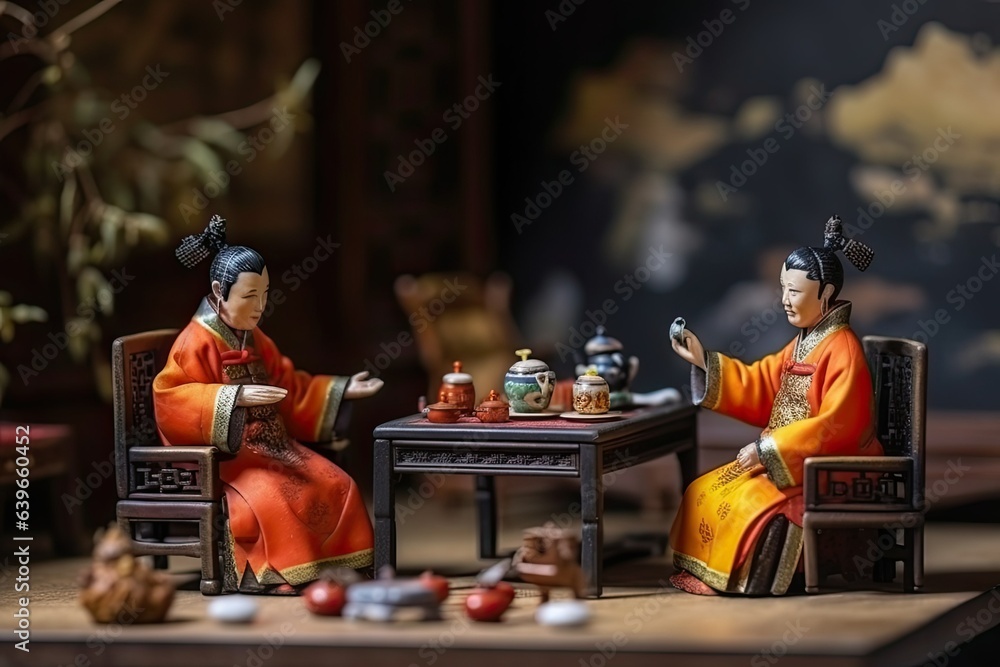Miniature tea ceremony. Small diorama of Chinese people in ancient ...