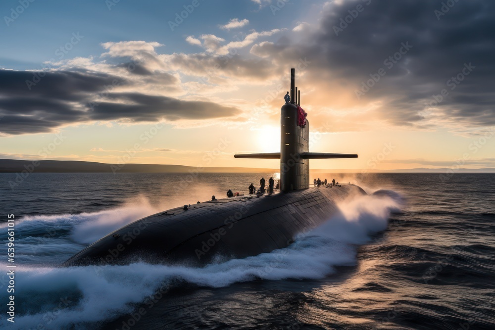Heavy atomic submarine floating in ocean. Excellent aerials over a ...