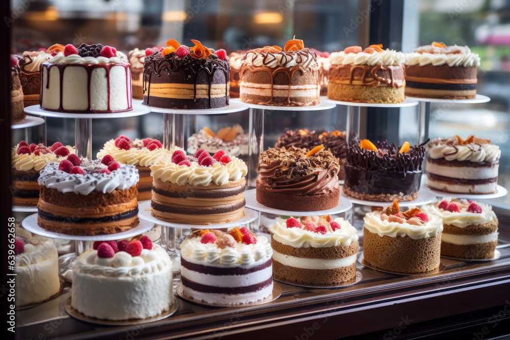 Sweet and cute whole cakes lined up in a showcase full of various kinds ...