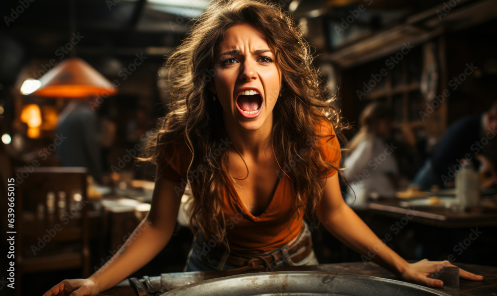 angry woman posing with an empty plate at the restaurant table, hangry ...