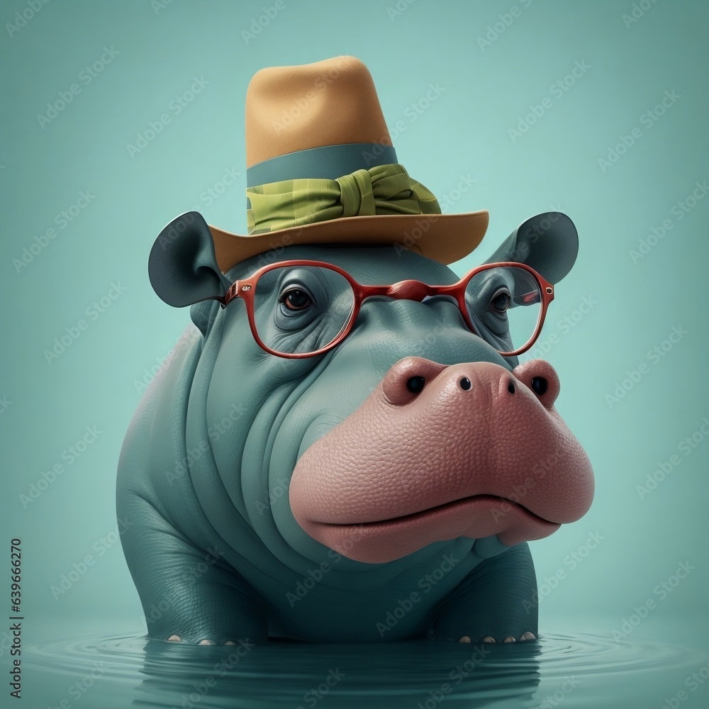 An illustration of a hippopotamus wearing bowlers hat and specs. plane ...