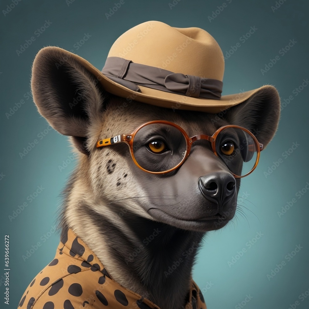 An illustration of a hyena wearing bowlers hat and specs. plane color ...