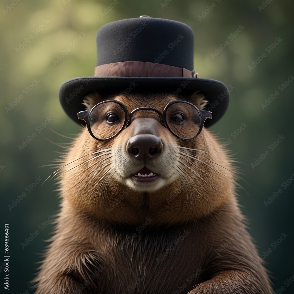 An illustration of a Beaver wearing bowlers hat and specs. plane color ...
