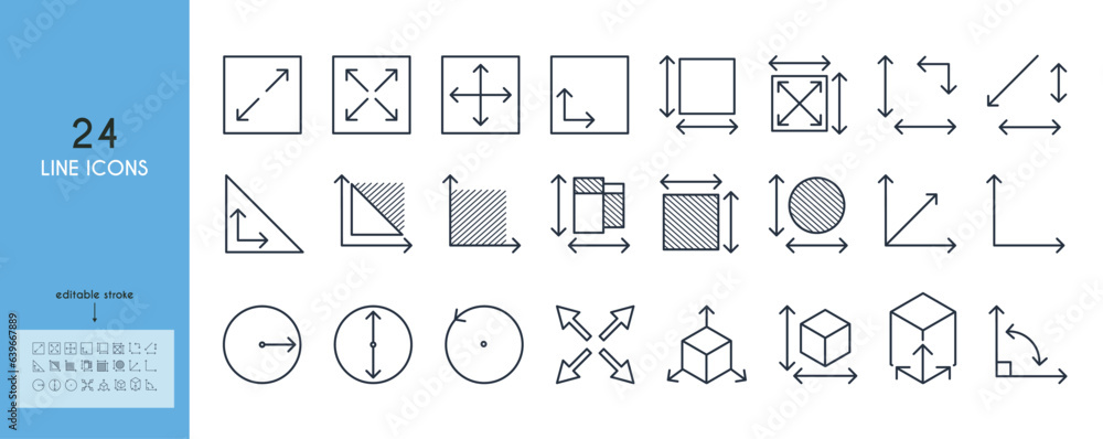 Measurement of dimension, area, perimeter line icon set. cube, square ...