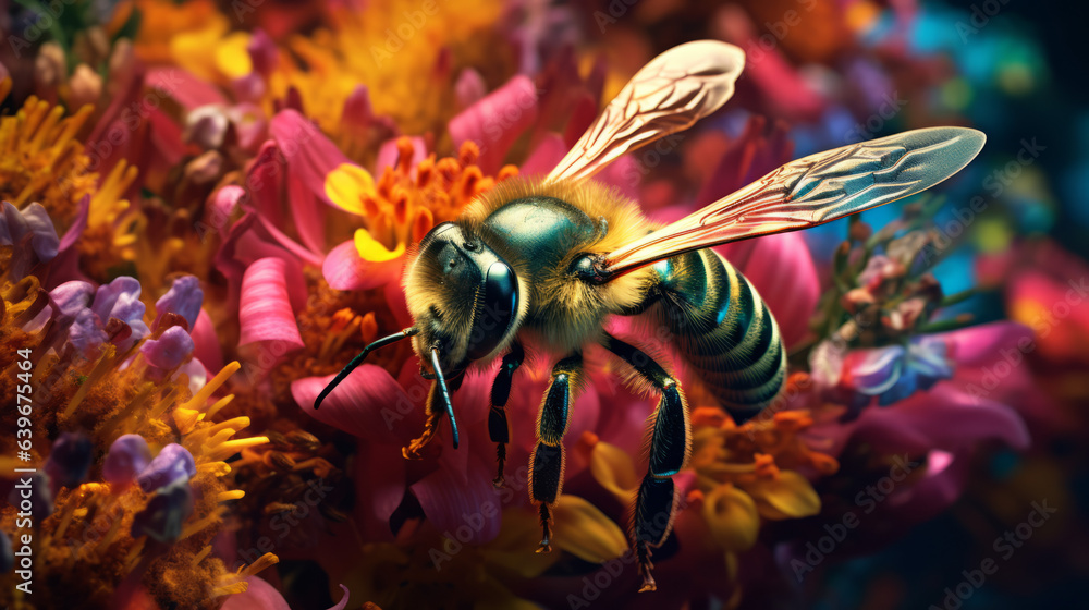 bee flying over a colorful flower garden - Macro of a bee in a garden ...