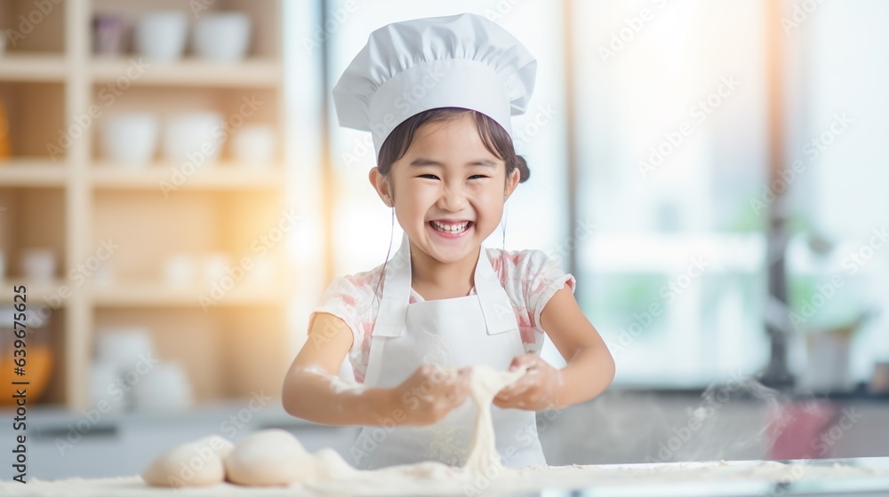 Happy funny asian little girl chef wearing chef hat and uniform ...