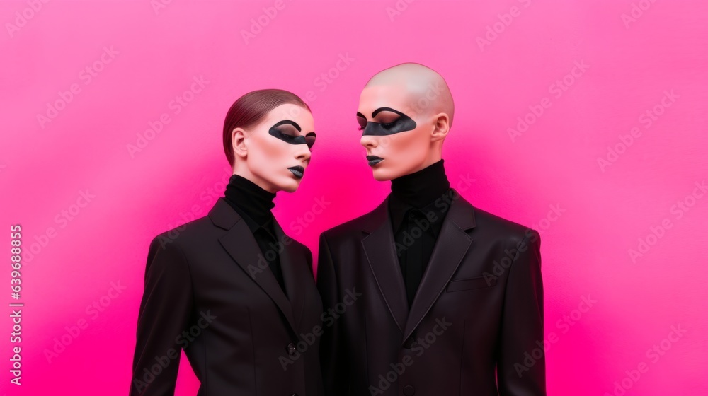 Bald model in a black jacket, in pink and black shades. Modern and ...