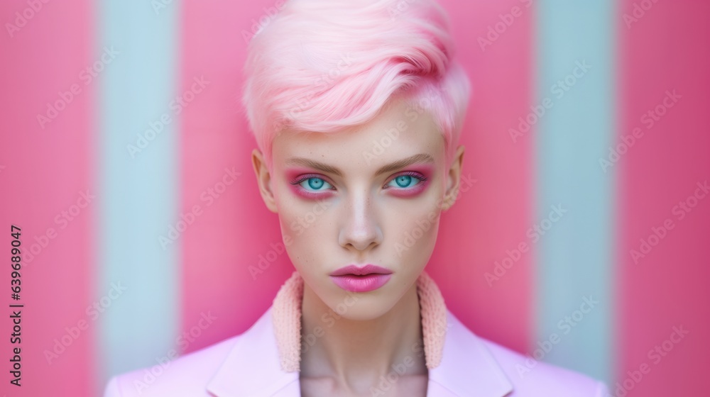 Beautiful young girl with clean skin on a pink background. Model ...