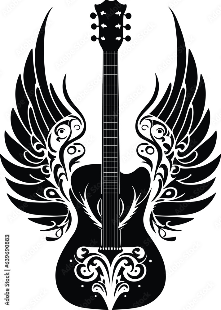 Winged Guitar, guitar with wings black and white vector illustration ...
