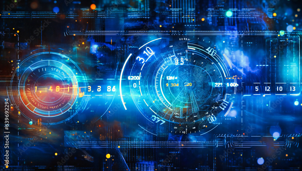 Amidst the blue graphics, a synthesis of infographics and graphs forms ...