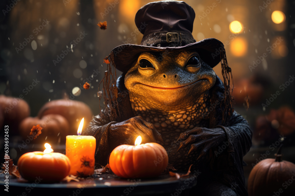 Cute halloween frog in a magic mantle and hat Stock Illustration ...