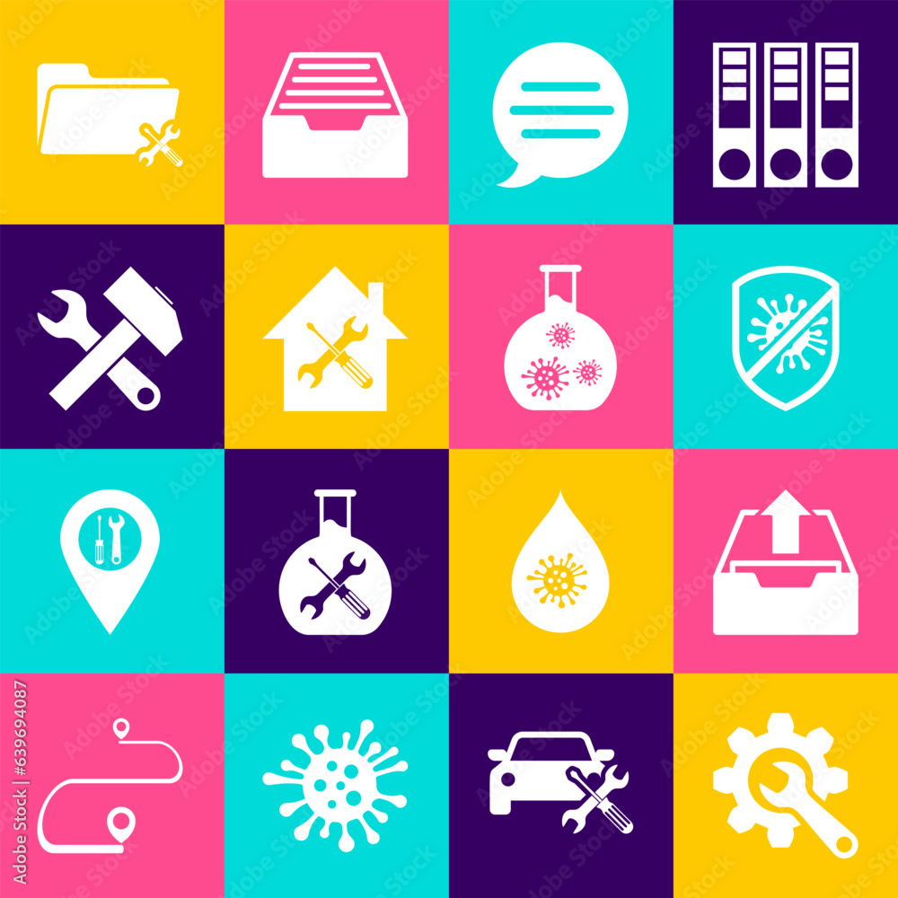 Set Wrench and gear, Upload inbox, Stop virus, bacteria, Speech bubble chat, House service ...