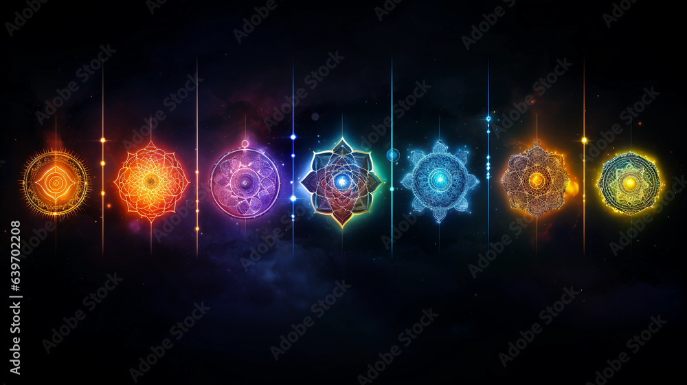 Artistic rendering of seven chakras symbols, bright, vivid colors ...