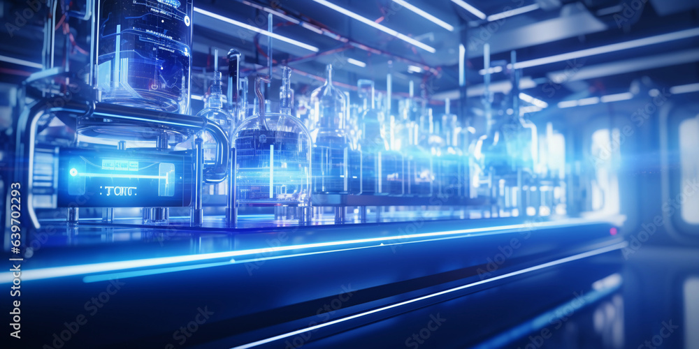 Futuristic lab environment with holographic DNA strands and molecules ...