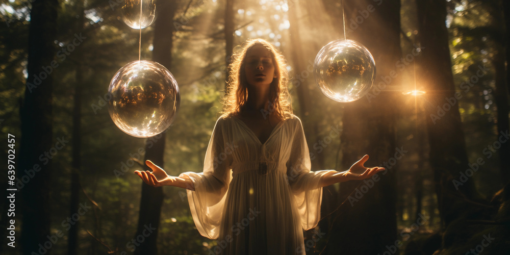 mystical setting, energy healer in the midst of a forest, floating orbs ...
