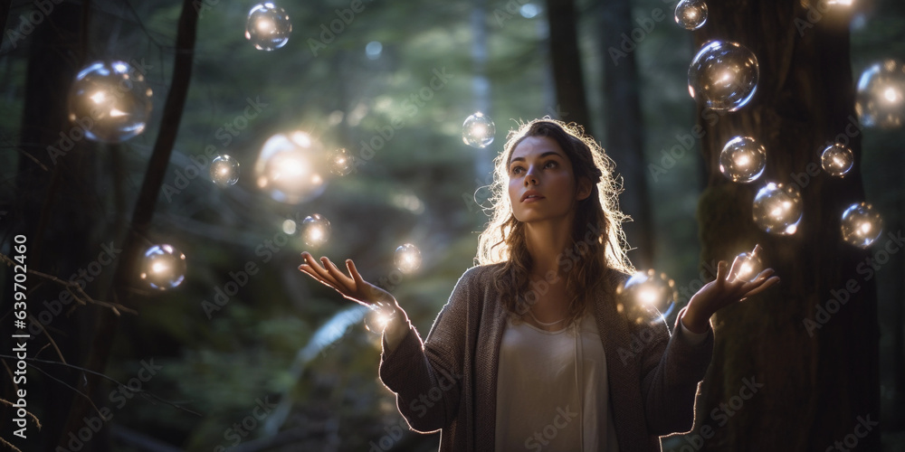 mystical setting, energy healer in the midst of a forest, floating orbs ...
