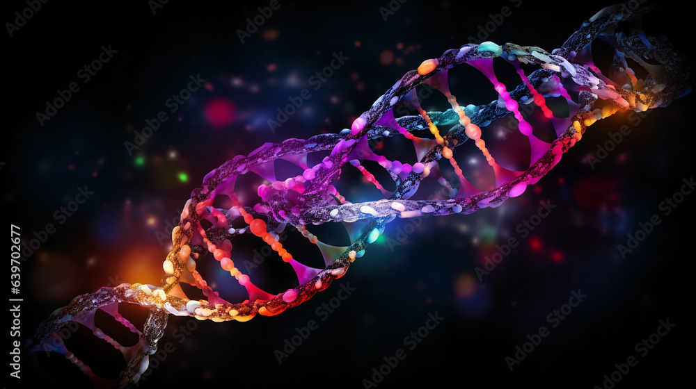 Vividly colored DNA strand, appearing to rotate, neon lights ...