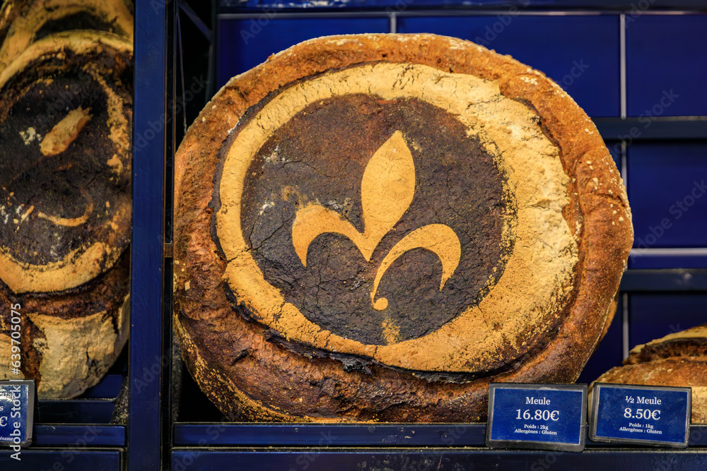 Loaves of freshly baked rustic French levain sourdough bread tourte de ...