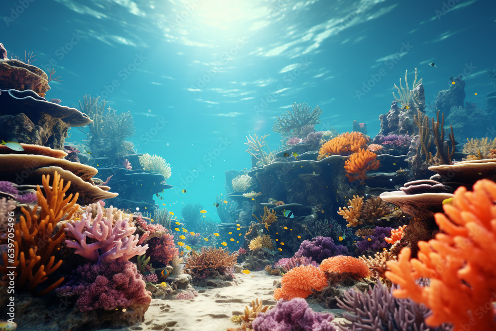 Underwater world with corals turtle fishes ocean inside. coral reef ...