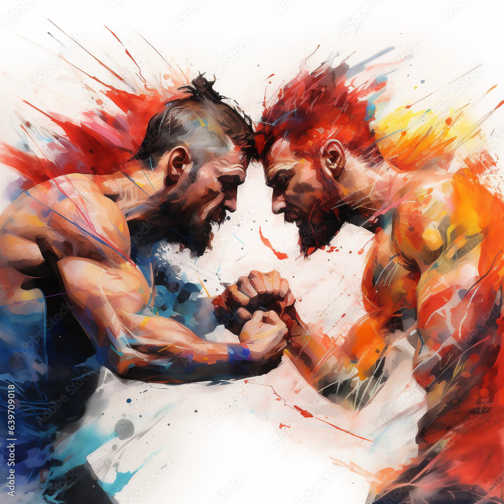 Vibrant Watercolor Painting, MMA Fighters Clashing, About to Punch Each ...