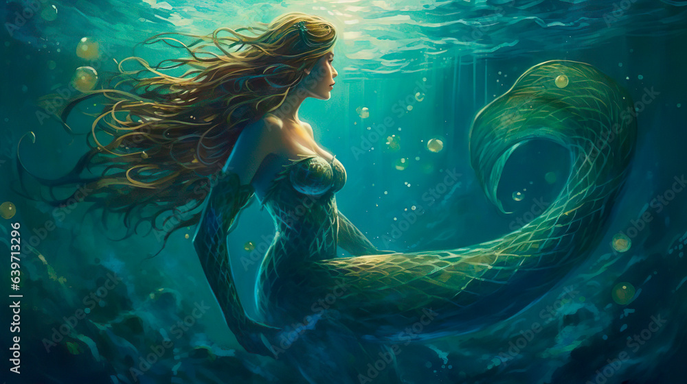 Beautiful mermaid siren undine of the sea with long tail. The mermaid ...