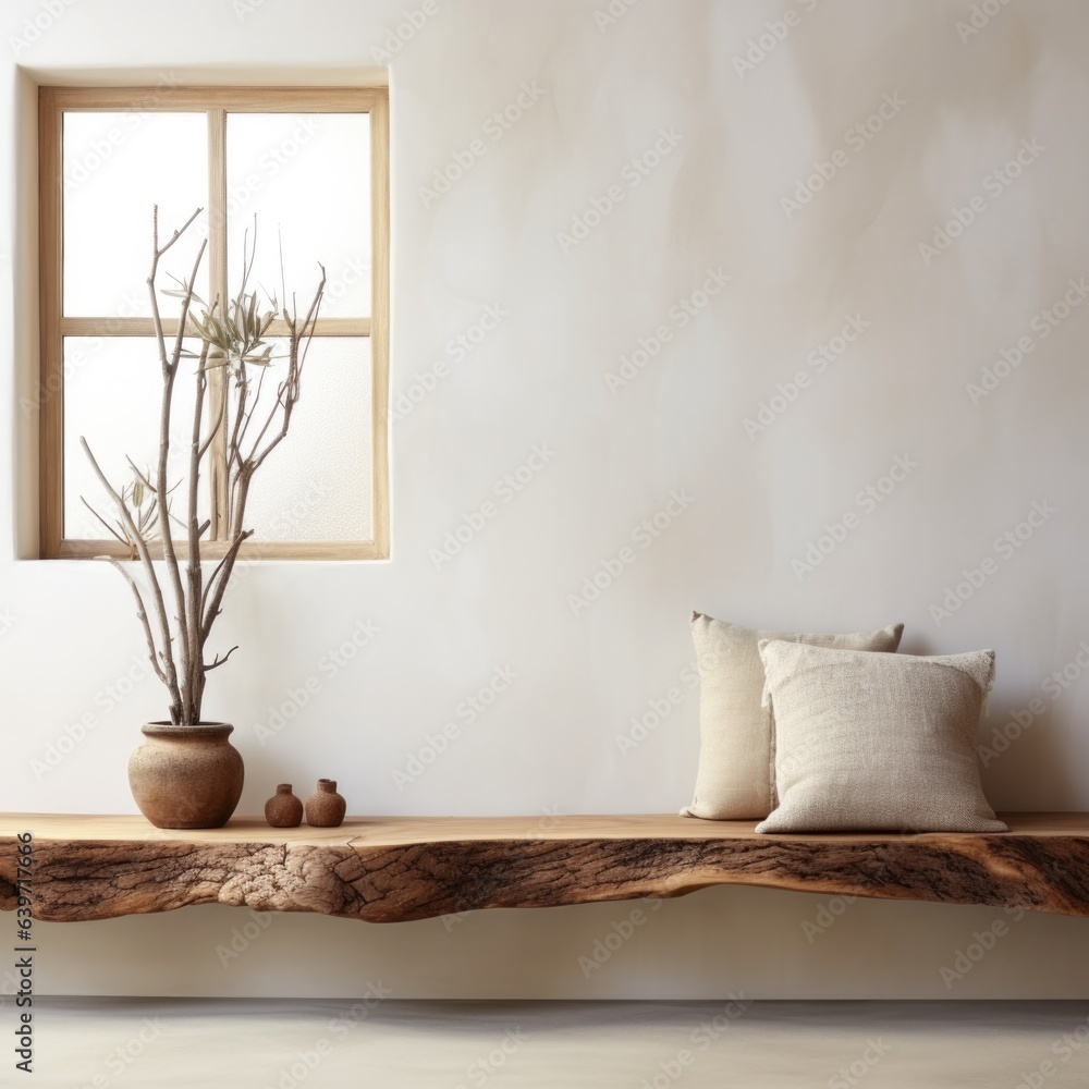 Rustic wood slab on tree stumps. Wooden bench near stucco empty wall ...