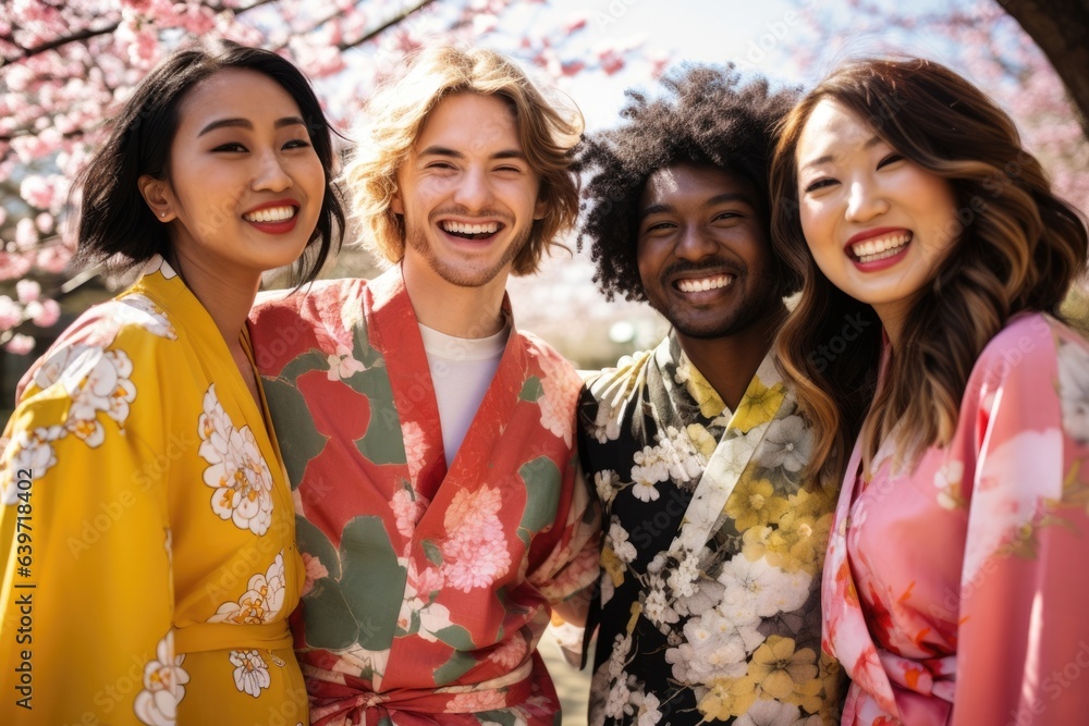 Four friends from different parts of Asia side by side in colourful ...