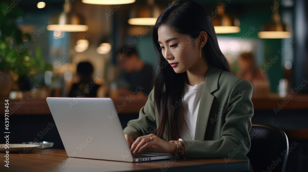 An Asian woman is typing away at her laptop lost in concentration on ...
