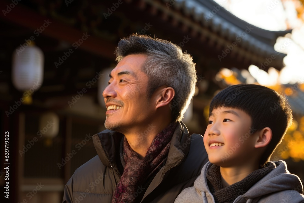 A Japanese father and his son gazing up at an ancient temple dappled in ...