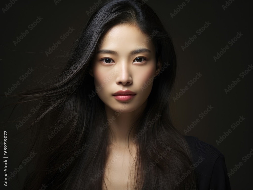 A serene Asian woman stares calmly into the camera lens her soft gaze ...