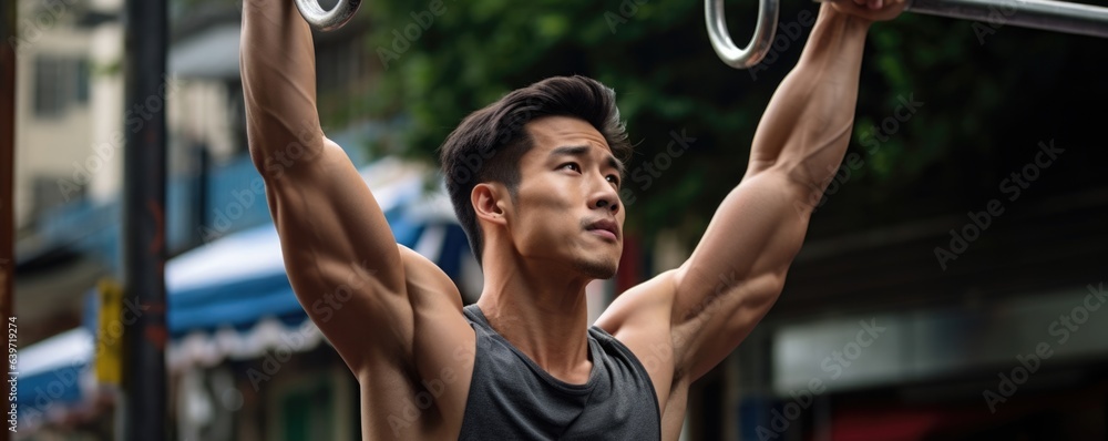 A tall strong Asian man demonstrating his muscular arms and torso as he ...