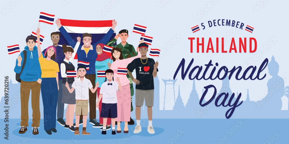 National Day, Thai people celebrating and holding small flags with ...