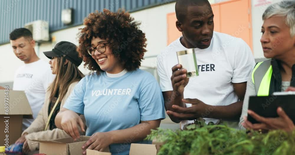 People volunteering, teamwork and food donation in community service ...