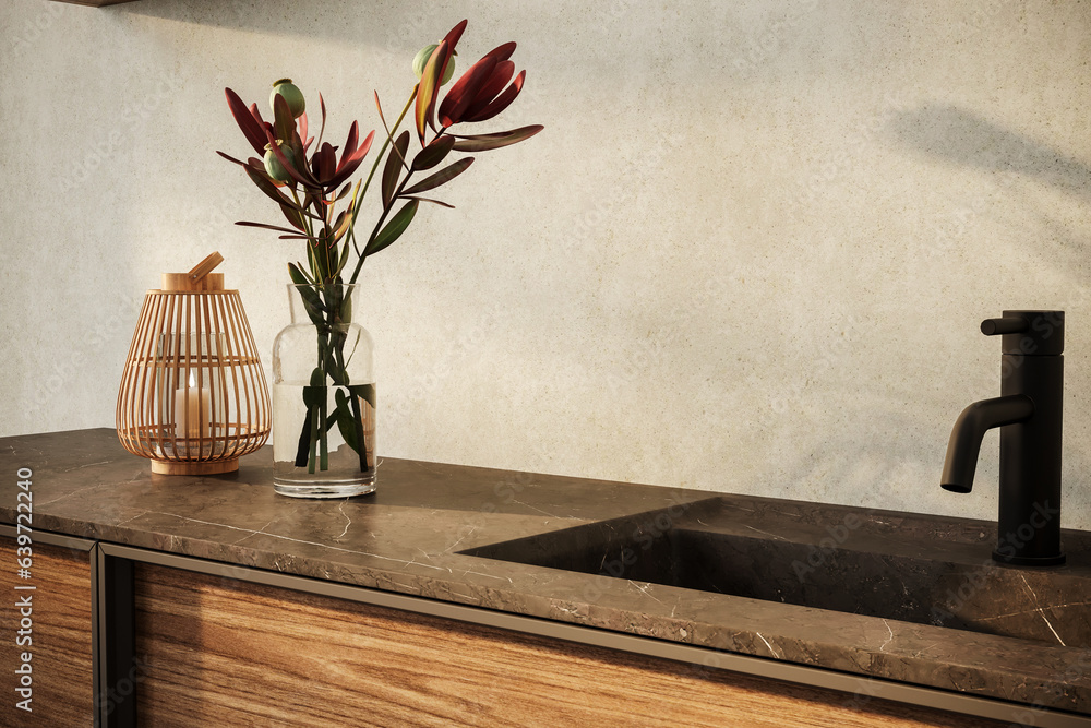 Minimalistic bathroom featuring a marble basin with black faucet and ...