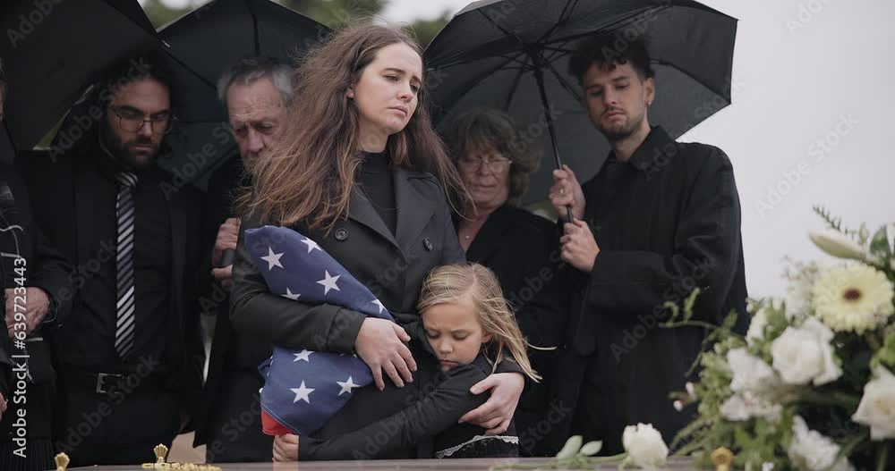 Funeral, family and sad people with American flag, grief and mourning ...