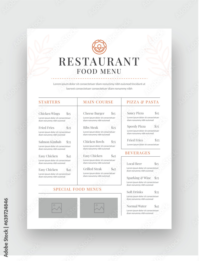 Restaurant Menu Template, A4 size, Fast Food, Flyer Design, Simple ...