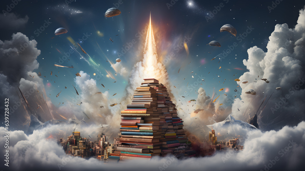 there is a tall tower of books in the sky with a rocket coming out of ...