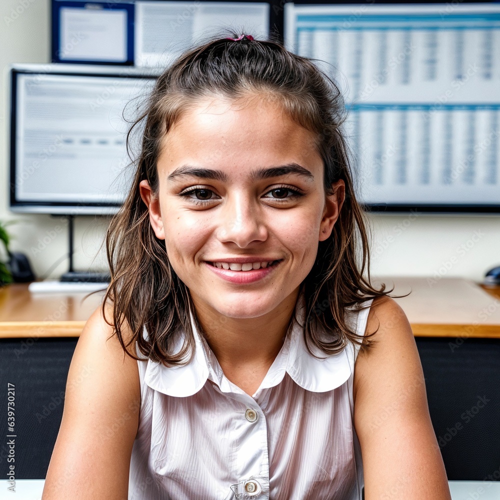 School student in a virtual meeting talking and explaining using webcam ...