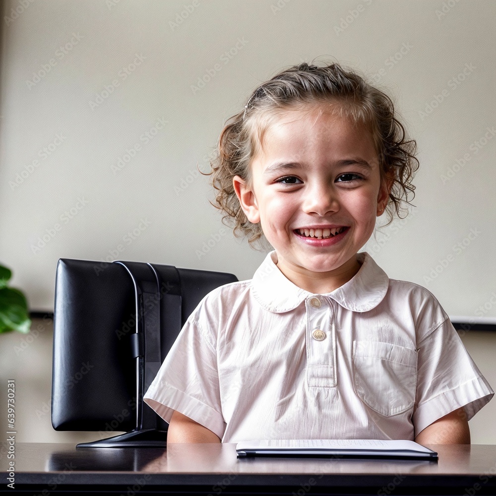 School student in a virtual meeting talking and explaining using webcam ...