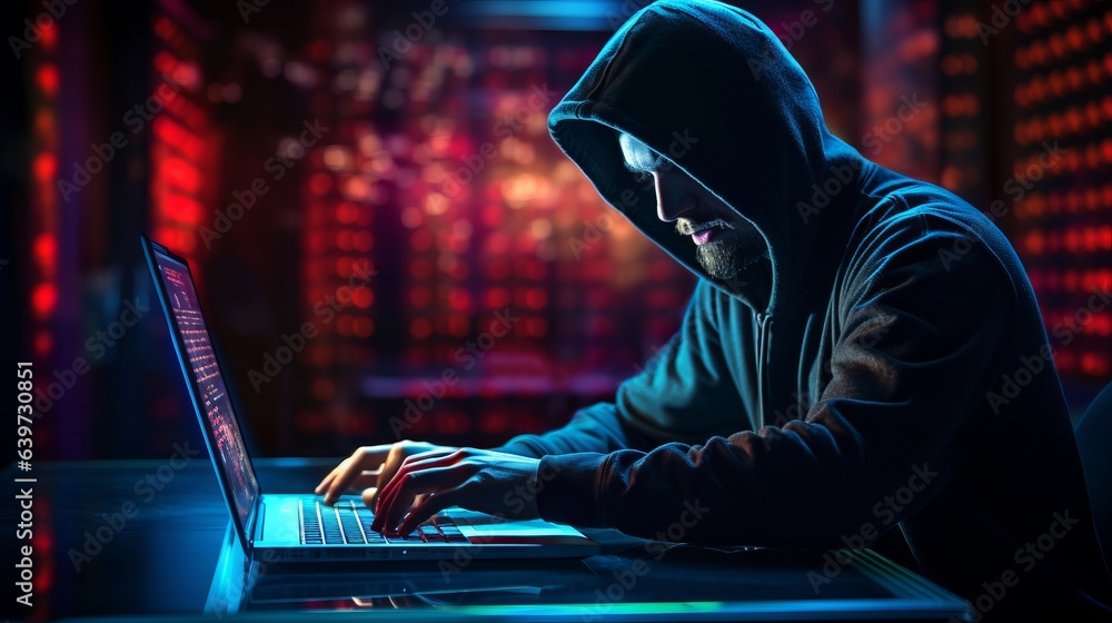 A hooded person using a laptop representing cyber security or a hacker ...