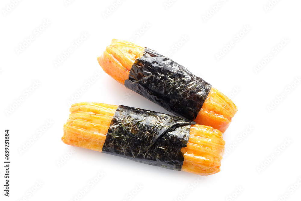 Crispy rice cakes wrapped in seaweed on white background. Nori maki ...