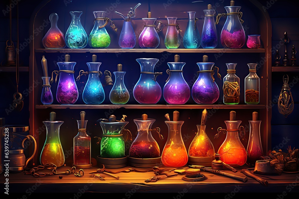 Magic elixir bottles. Ai art. Fantasy chemistry lab Stock Illustration ...