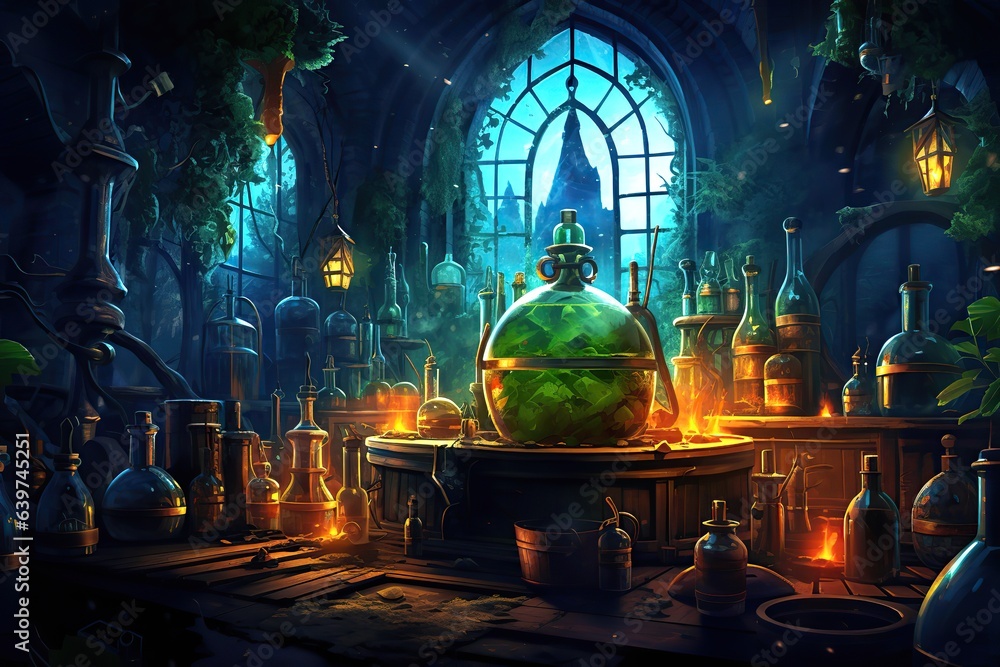Magic elixir bottles. Ai art. Fantasy chemistry lab Stock Illustration ...