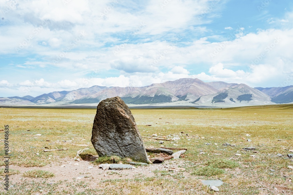 Tombstone at the grave of the ancient Scythian period, Altai mountains ...