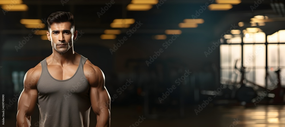 Muscular Indian Male Fitness Coach In A Gym Background Isolated On The Left Side Professional