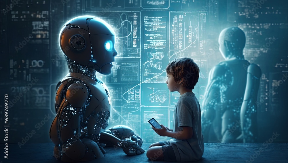 Children talking with robotic ai,chat bot. futuristic technology or ...