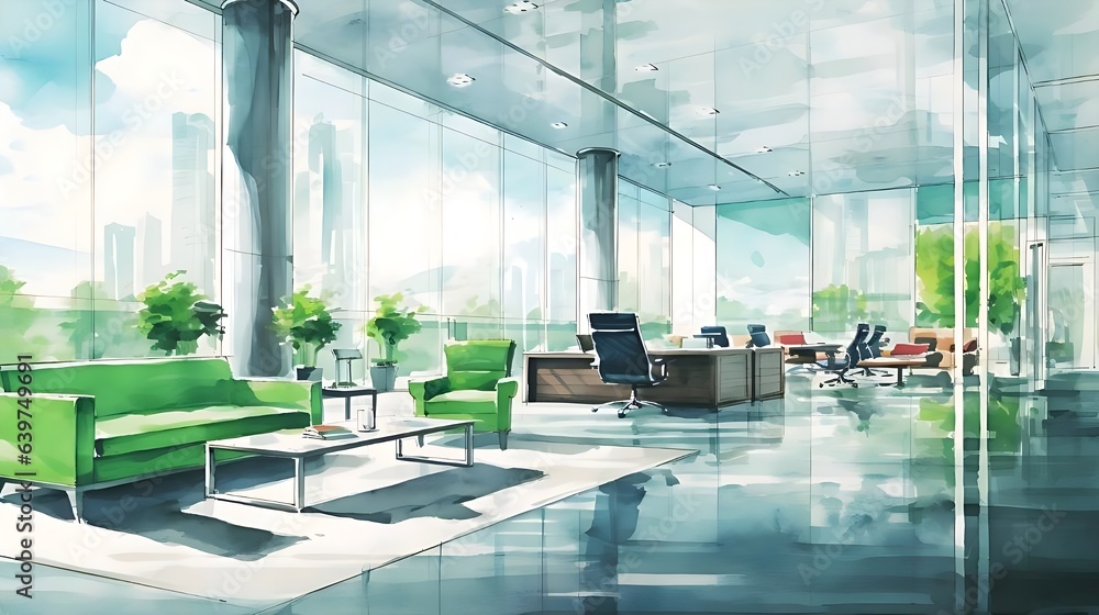 Watercolor green office interior building Elenvironment background. 8k ...