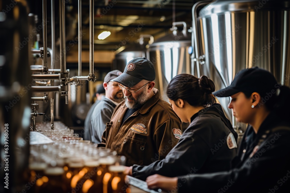 Amidst the lively ambiance of a brewery, employees passionately craft ...