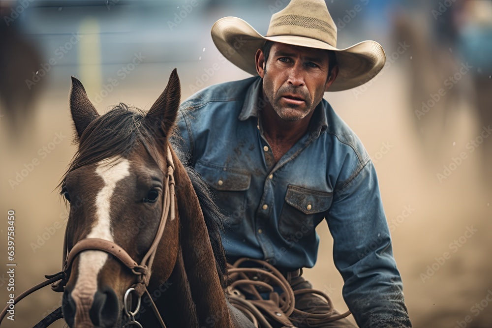 rodeo cowboys in action, riding bucking broncos, roping cattle, and ...