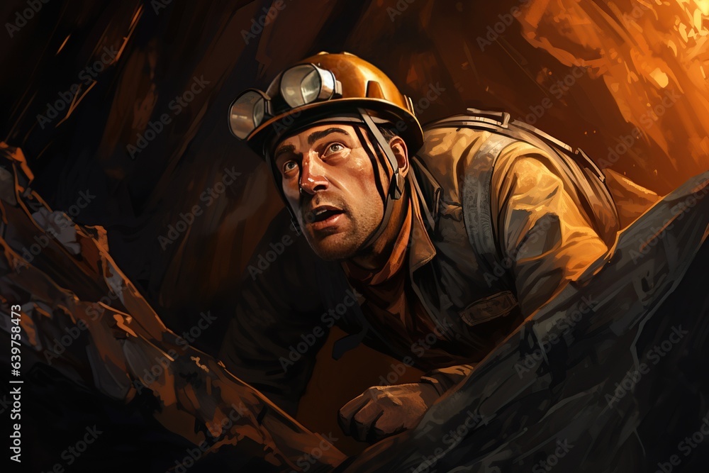 hardworking miner deep within the earth, wearing a helmet and sturdy ...
